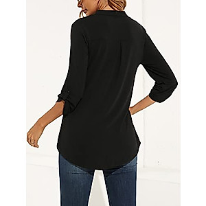 Zattcas Womens Floral Printed Tunic Shirts 3/4 Roll Sleeve Notch Neck Tunic Top,Solid Black,XX-Large