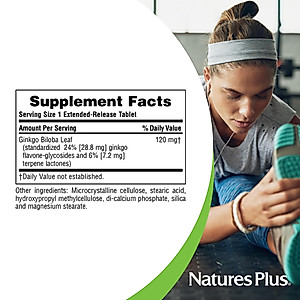 Natures Plus Herbal Actives Ginkgo Biloba, Extended Release - 120 mg, 60 Vegan Tablets - Vegetarian, Gluten-Free - 60 Servings