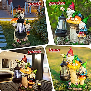 Ovewios Garden Gnome Statue, Large Funny Gnome Figurine Climbing on Mushroom and Holding a Solar LED Lantern Resin Ornament for Patio Yard Lawn Porch Outdoor Decor