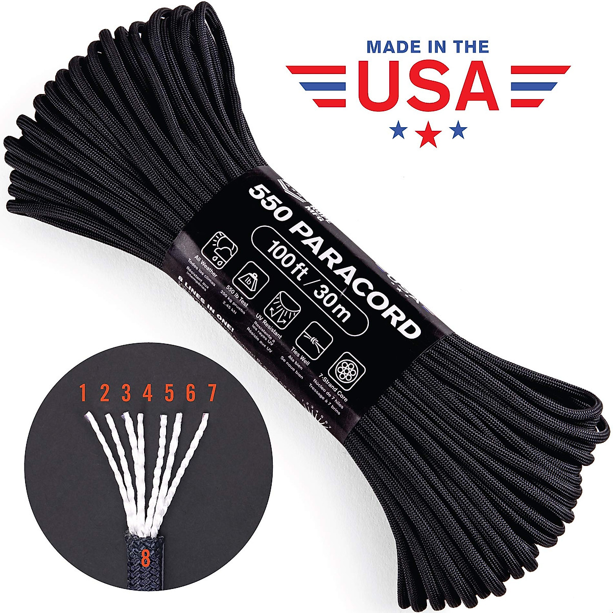 Atwood Rope MFG 550 Paracord 100 Feet 7-Strand Core Nylon Parachute Cord Outside Survival Gear Made in USA | Lanyards, Bracelets, Handle Wraps, Keychain (Black)