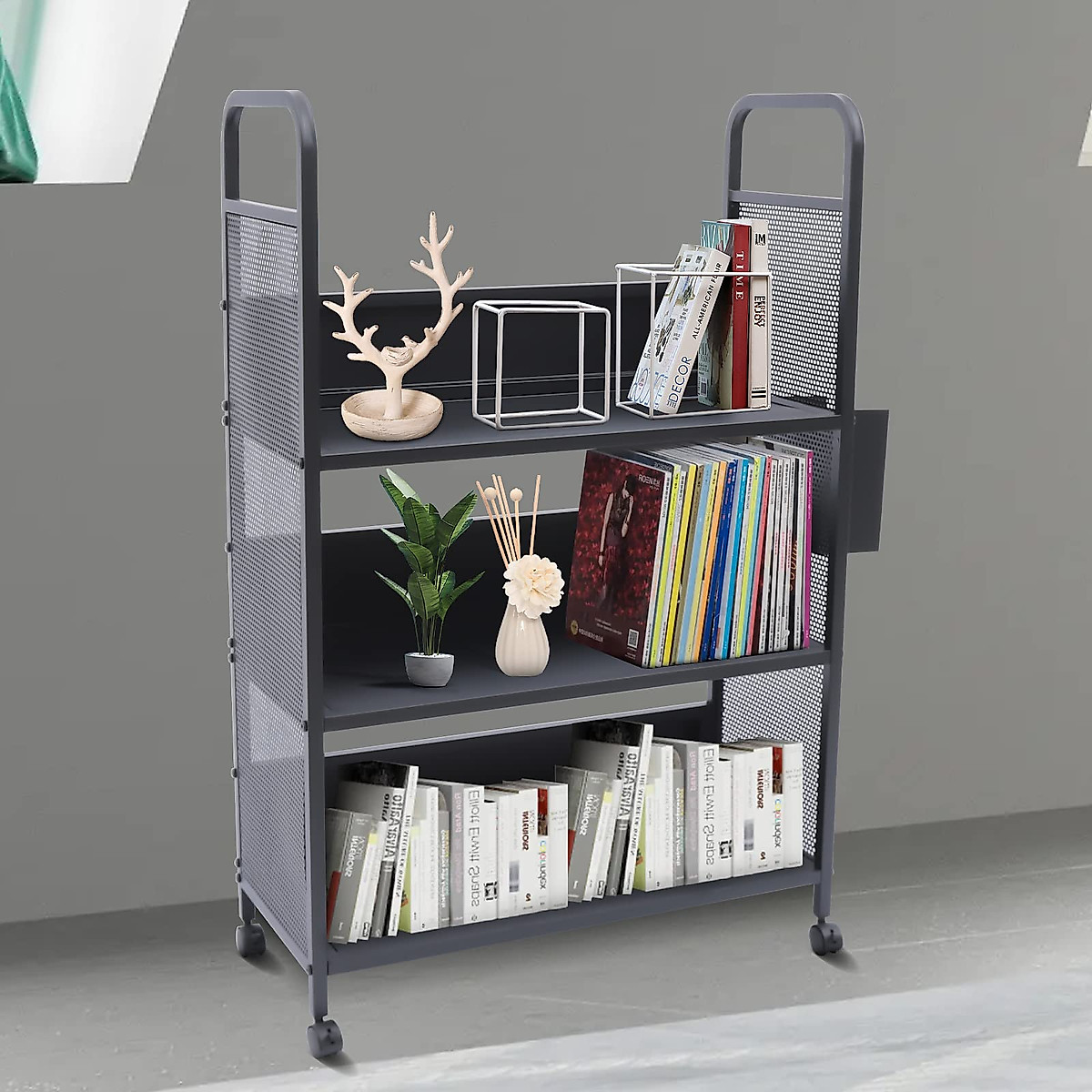 DDBESSIC Rolling Book Cart, 3 Tier Book Rack Storage Bookshelf with 3 Flat Shelves, Movable Bookcase with Wheels Utility Organizer Cart Side Literature Rack