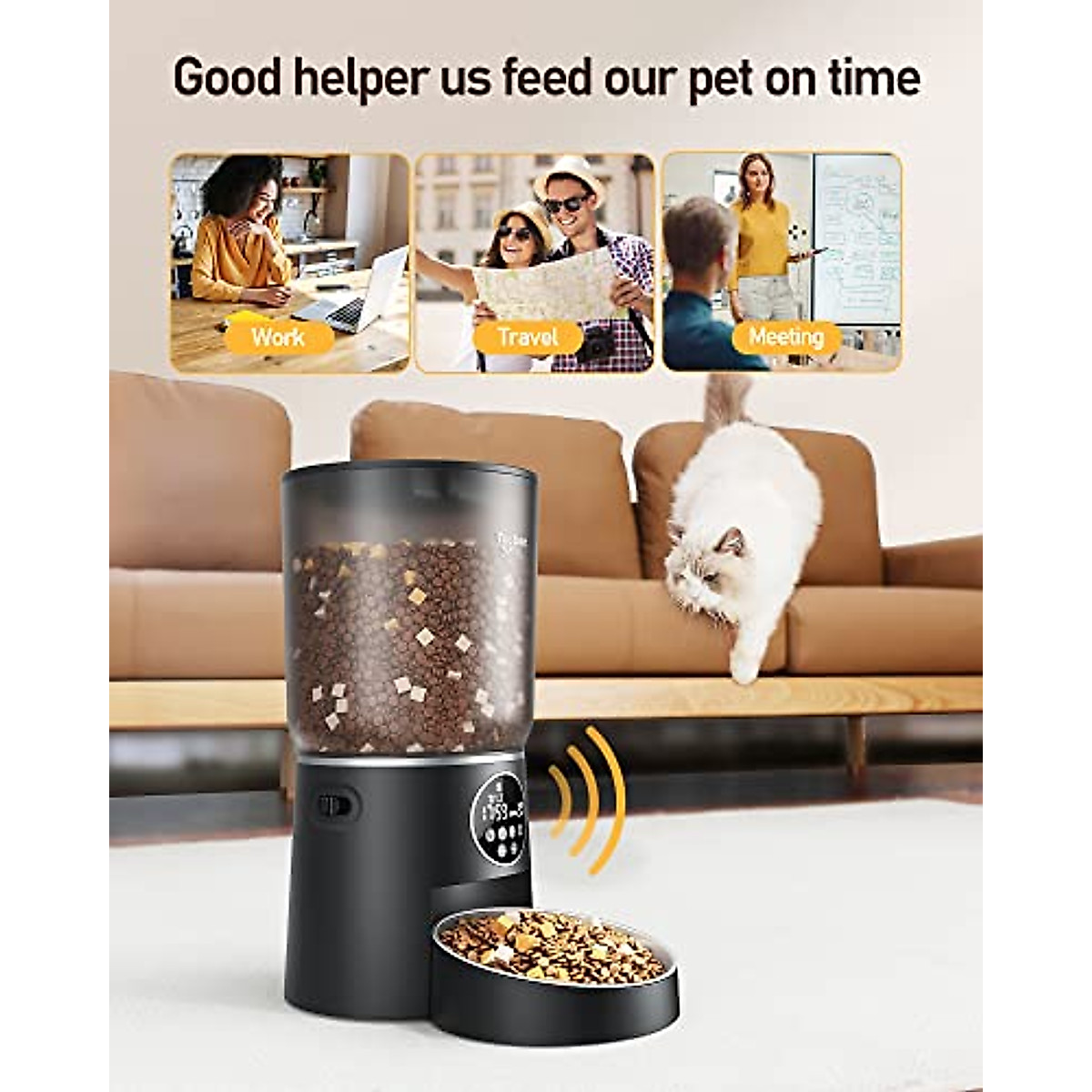 Tccbac Automatic Cat Feeder, 5L Timed Dog Feeder Food Dispenser with Desiccant& Voice Recorder Function, 1-6 Meals Per Day,1-20 Portion Per Meal Stainless Steel Bowl for Pet