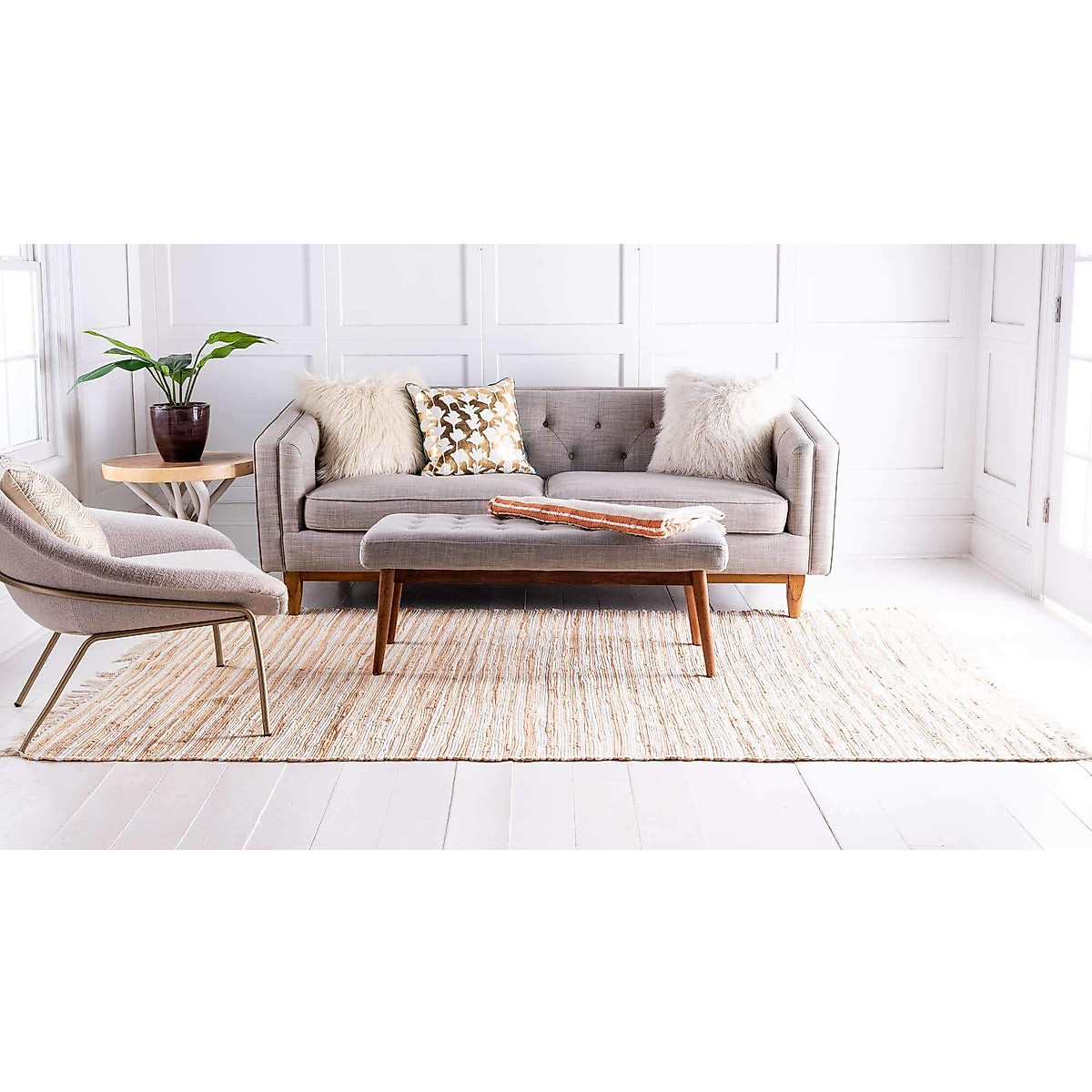 Unique Loom Chindi Cotton Collection Soft Hand Woven Natural Fiber Striped Area Rug, 4 ft x 6 ft, Beige/Ivory