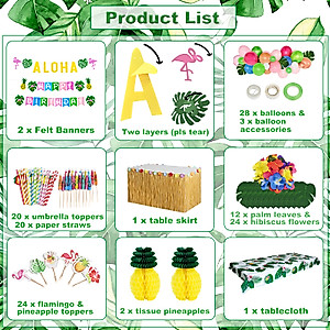 Tropical Luau Party Decoration Pack Hawaiian Beach Theme Party Flamingo Pineapple Décors Multi Scene Luau Party Supplies (135pcs) Happy Birthday & Aloha Felt Banner Table Skirt Disposable Tablecloth