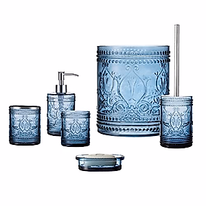 5PCs Dark Blue Glass Bathroom Accessories Set with Decorative Pressed Pattern - Includes Hand Soap Dispenser & Tumbler & Soap Dish & Toothbrush Holder & Wastebasket