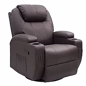 JUMMICO Recliner Chair Massage and Heating Living Room Chair, Rocking and 360° Swivel Home Leather Sofa with 2 Cup Holders and Side Pockets (Brown)