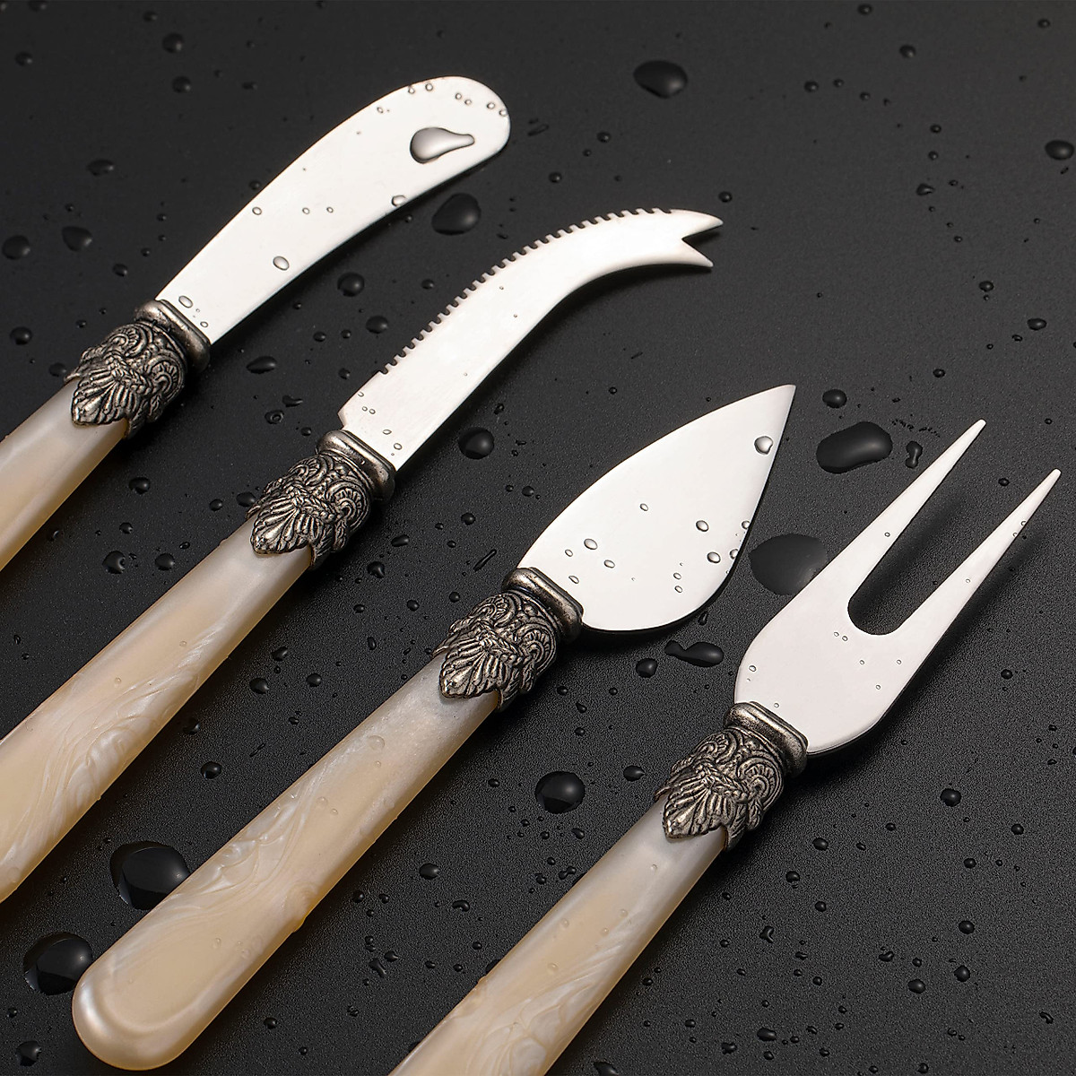 CATHYLIN 4-Pierce Cheese Knife Set For Charcuterie Board,Stainless Steel Cheese Knife Set With Acrylic Handle (Champagne,Gift Ready)