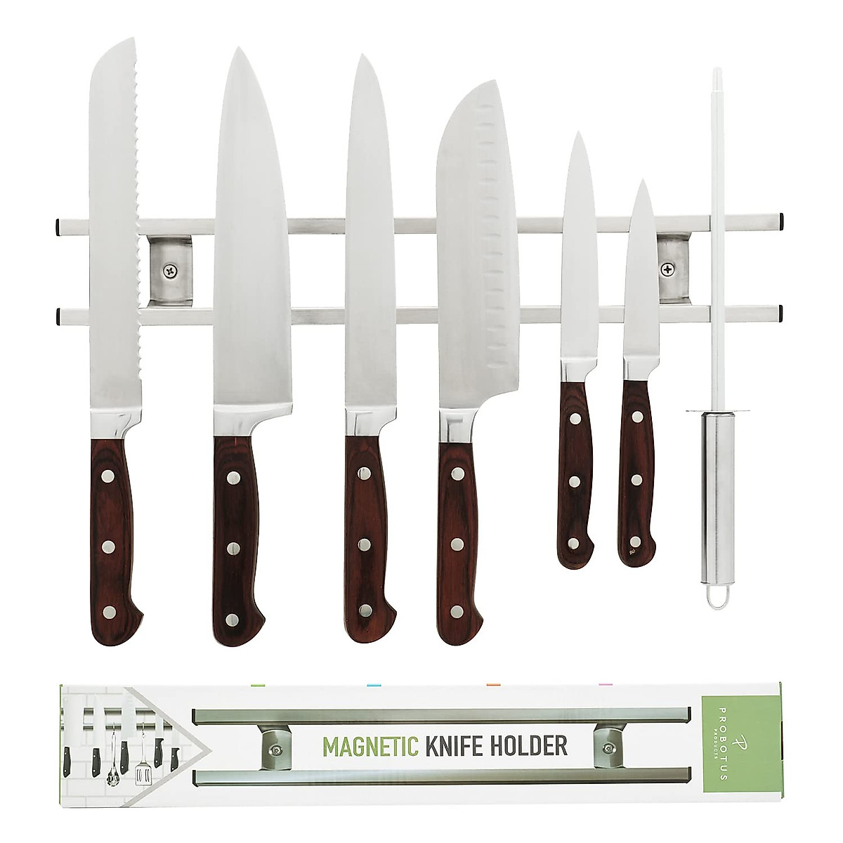 Magnetic Knife Holder Strip for Wall and Kitchen Utensil Holder-16inch Powerful Stainless Steel Magnetic Knife Rack with Hanger Hook Strip Plus Carbon Sharpener