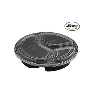 TIYA Takeout Food Containers - 45 oz Bulk 150 Pack with Lids - Round 3-Compartment To-Go Containers - Reusable, Microwavable, Dishwasher Safe - Leak-Proof, Great for Meal Prep - BPA-Free