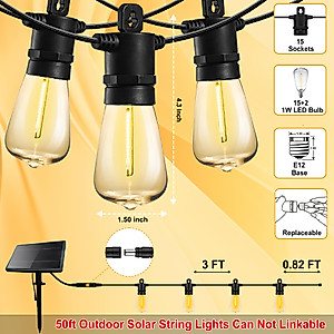 LONIUTO Outdoor Solar String Lights, 50 FT Solar Powered LED String Outdoor Lights Waterproof & Shatterproof, Patio Solar Hanging Lights with 15 Bulbs, Decorative Lights for Outdoor Backyard