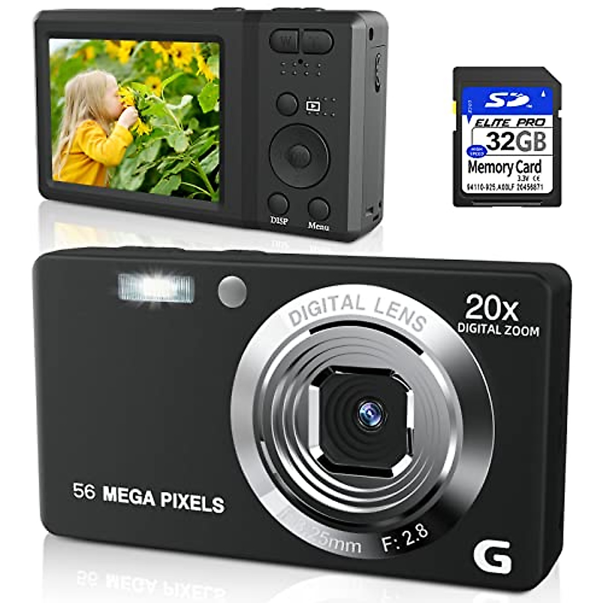 Digital Camera 4K 56MP Kids Digital Camera for Photography, Autofocus Small Digital Camera 20X Digital Zoom Portable Digital Camera for Boys and Girls with 32GB SD Card - Black