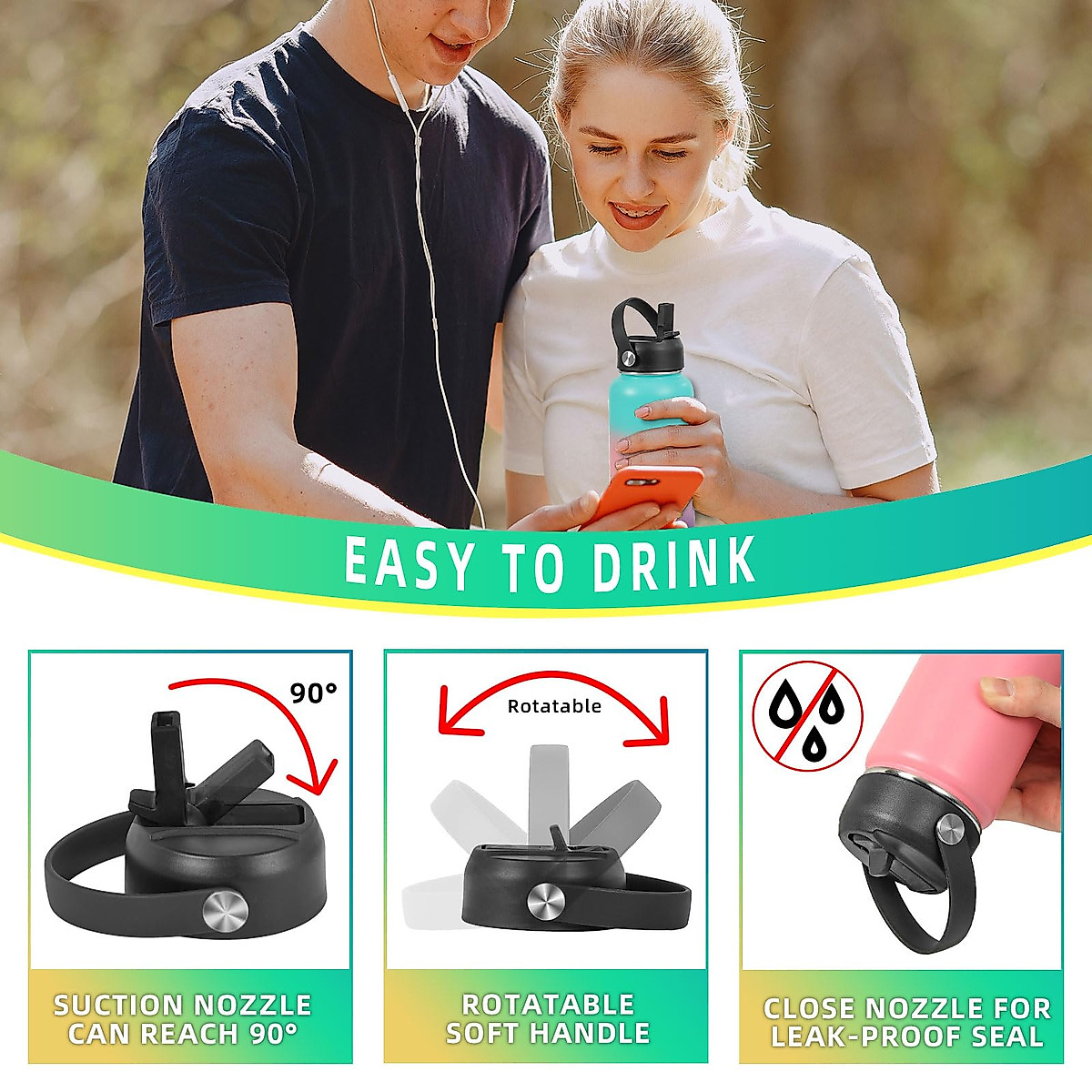 Tonlinco Straw Lid for Hydroflask Wide Mouth,Lids With Straw Compatible with Hydro Flask 20 32 40 oz Wide Mouth Wide Mouth Straw Lid Compatibility Most Sports Water Bottle (Black)