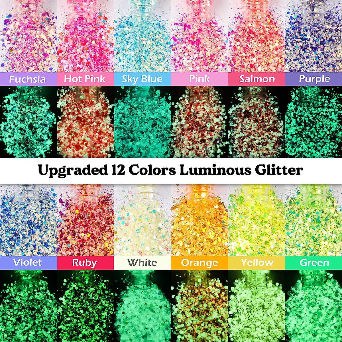 Glow in The Dark Glitter, LET'S RESIN 12 Colors Luminous Chunky Glitter, 0.42oz/Bottle High Luminance Glitter, Chunky Glitter for Resin, Nail, Slime, Tumblers, Halloween