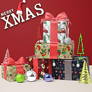 GIOLNIAY Christmas Wrapping Paper for Kids Boys Girls - Wrapping Paper Christmas Bundle with Santa, Green Stockings, Red Truck, Woodland Designs - 6 Jumbo Sheets (28 x 40 inches), Easy to Store