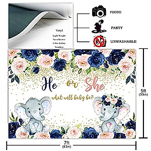 Avezano Navy and Blush Elephant Gender Reveal Backdrop He or She Navy Blue Blush Pink Floral Elephant Gender Reveal Photography Background Pregnancy Reveal Surprise Boy or Girl Party Decoration(7x5ft)