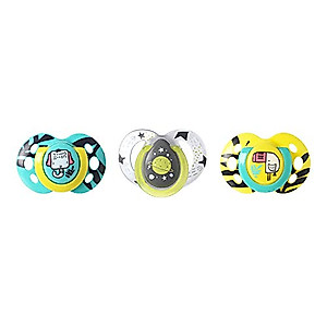 Tommee Tippee Day And Night Pacifiers, Symmetrical Design, BPA-Free Silicone Binkies, 6-18m, 3-Count, Colors And Designs May Vary