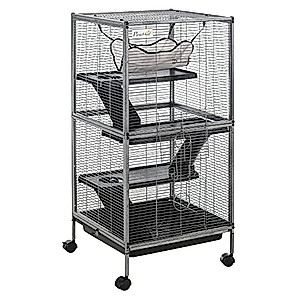PawHut Metal Small Animal Cage Rolling Big Ferret Cage, Chinchilla Cage, Sugar Glider Cage, with Hammock & 4 Tiers, Removable Tray