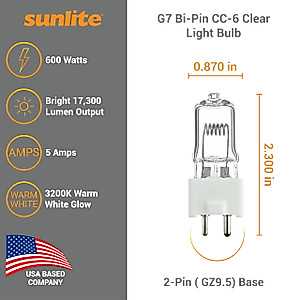 Sunlite DYS/DYV/BHC G7 Bi-Pin CC-6 Clear Light Bulb, 600 Watts, 120 Volts, 5 Amps, 17000 Lumens, 2-Pin GZ9.5 Base, 99 CRI, 3200K Warm White, 1 Pack