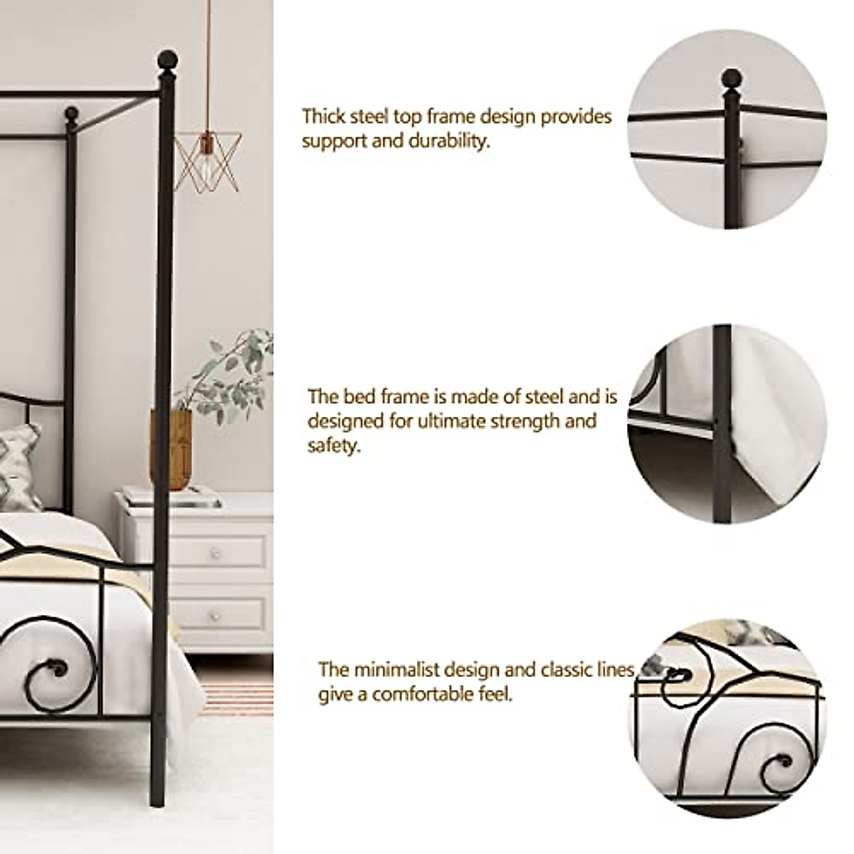 RYR Queen Size Canopy Bed Frame Four Poster Metal Platform Bed with Headboard Footboard, No Box Spring Needed Black