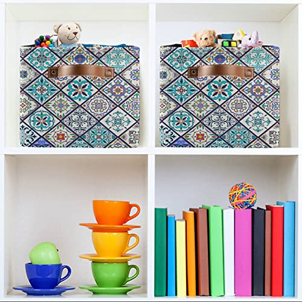 Foldable Storage Basket Blue Tartan Pattern Fabric Collapsible Organizer Basket with PU Handles, Decorative Baskets for Shelves Home Closet Bedroom Living Room - 1 Pack