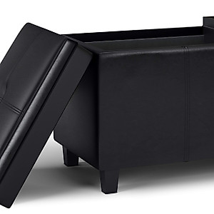 SIMPLIHOME Avalon 42 Inch Wide Contemporary Rectangle 2 Tray Storage Ottoman in Midnight Black Vegan Faux Leather, For the Living Room, Entryway and Family Room