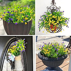 CEWOR 9pcs Artificial Flowers, UV Resistant Faux Outdoor Flowers, Fake Plastic Flowers for Cemetery Decoration Home Kitchen Bedroom Wedding Party Decor (Yellow, Purple, Green)