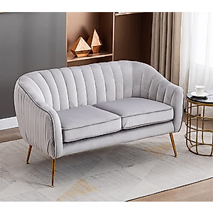 Artechworks Contemporary Tufted Velvet Tub Barrel Loveseat Sofa Chair Upholstered Couch with Golden Metal Legs Club Two-Seat Sofa for Living Reading Room Bedroom Apartment Small Space Dorm, Grey