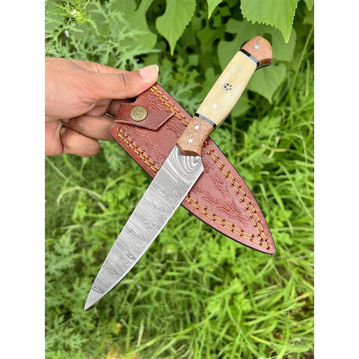 JNR Traders Damascus Paring Knife, Steak Knife, 6 in Chef Knife with Leather Sheath, Full Tang Thin Ultra-Sharp Bbq Knife 3702