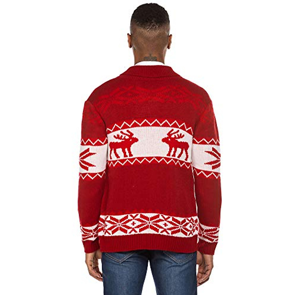 COOFANDY Mens Ugly Christmas Xmas Reindeer Snowflake Button Front Long Sleeve Shawl Collar Cardigan (Red M)