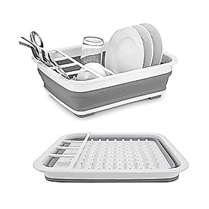 udNmlaiebot Dish Drying Rack, Collapsible Dish Drainer with Drainer Board, Popup and Collapse for Easy Storage Dish, Portable Dish Drainer Organizer for Kitchen RV Campers(Grey-White), Navy