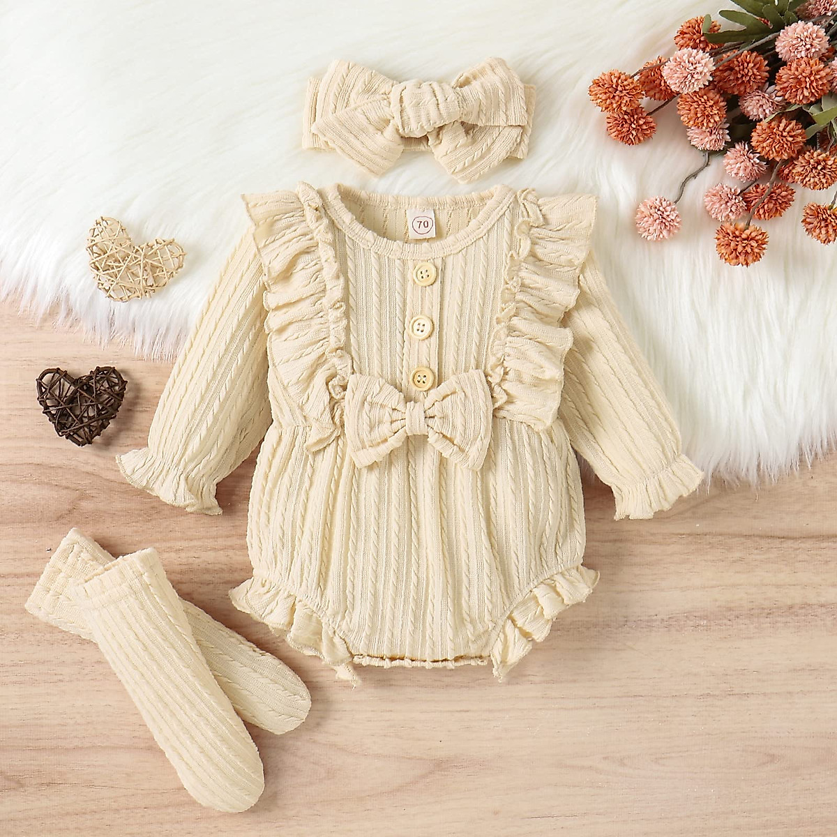 ZAXARRA Newborn Baby Girls Clothes Long Sleeve Button Front Ruffle Romper Socks Headband 3Pcs Set Fall Winter Outfits (Beige, 0-3 Months)