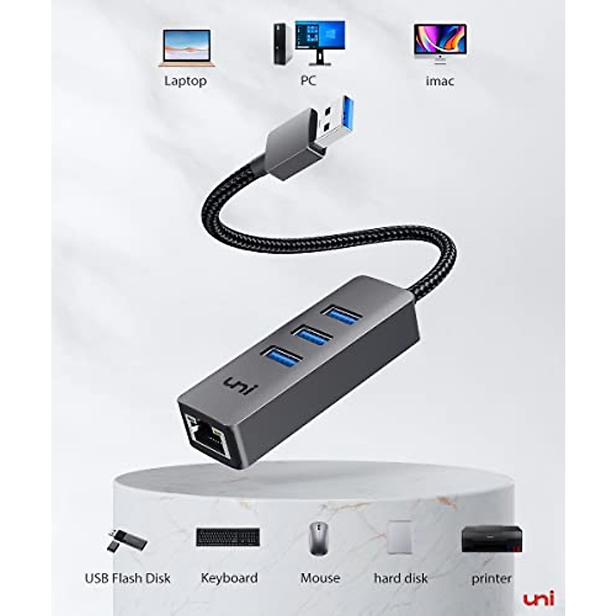 USB-A to Gigabit Ethernet Adapter with 3 USB 3.0 Hub
