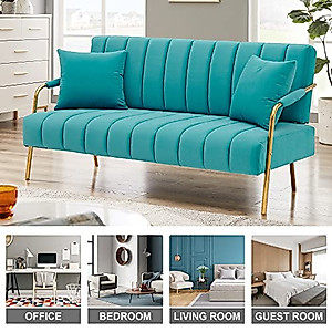 Yoluckea Cashmere Loveseat Chair Modern Loveseat Sofa with Gold-Finished Metal Legs Comfortable Sofa Couch Accent Sofa with 2 Small Pillows for Living Room Bedroom Load 500 Pounds (Blue)