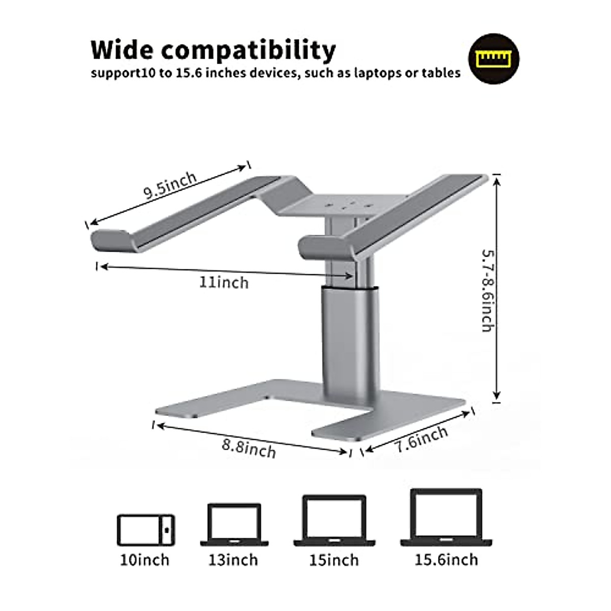 Ergopollo Laptop Stand for Desk, Computer Stand Adjustable Height, Ergonomic Notebook Laptop Riser, Aluminum Metal Holder Compatible with 10 to 15.6 Inches Notebook PC Computer, Silver