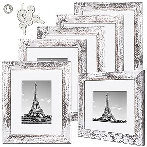 upsimples Picture Frame Distressed White with Real Glass, Display Pictures 5x7 with Mat or 8x10 Without Mat, Multi Photo Frames Collage for Wall or Tabletop Display, Set of 6