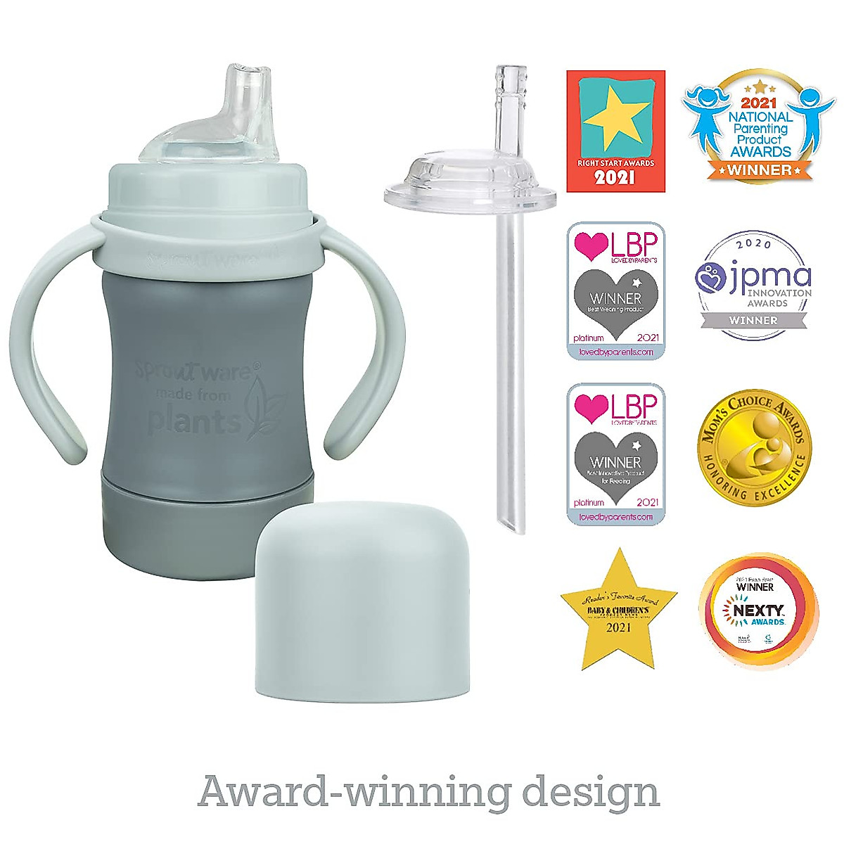green sprouts Sprout Ware Plant-Plastic Sip & Straw Cup, Includes Sippy & Straw Spouts, Easy Grip Handles, Gray