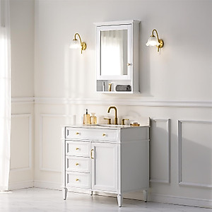 WELLFOR 24"x 34" Wall Mounted Wood Medicine Cabinet with Mirrors for Bathroom, Rubber Wooden Mirror Cabinet with 3-Tier Shelves and External Storage