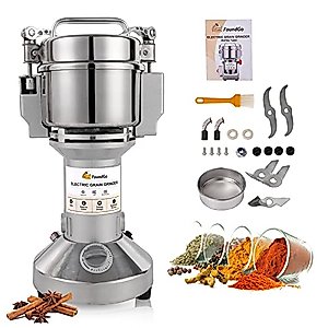 FoundGo Electric Grain Mill 10.6oz/300g Commercial Grain Grinder Stainless Steel Powder Grinding Machine 25,000rpm Pulverizer for Spice/Coffee/Flour/Pepper/Herb Superfine (300g, Standing)