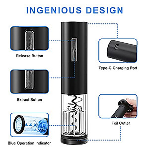 Electric Wine Opener Set, Rechargeable Automatic Wine Corkscrew Remover Kit, Cordless Electric Wine Bottle Opener with USB Charging Cable, Wine Pourer, Vacuum Stopper, Foil Cutter for Wine Lovers Gift