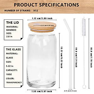 Drinking Glasses with Bamboo Lids and Glass Straw-16oz Can Shaped Glass Cups,Beer Glasses,Iced Coffee Glasses,Ideal for Cocktail,Whiske,Soda,Bubble Tea,Juicing,Smoothies(12pcs Set+2 Cleaning Brushes）