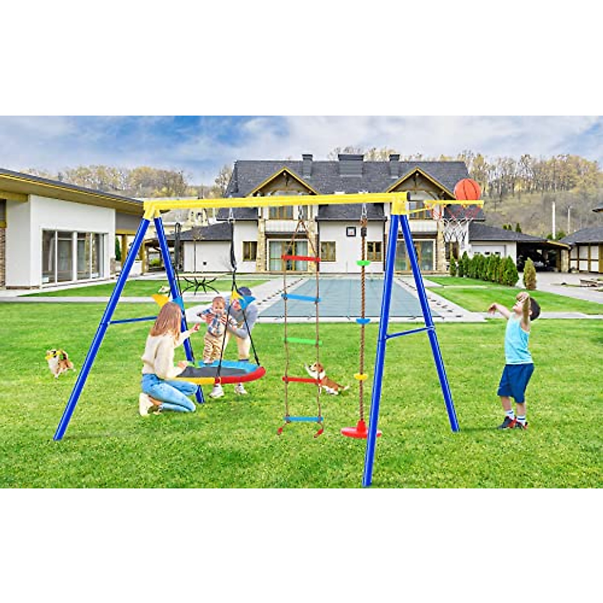 Saucer Swing Set for Backyard 4 in 1, YMERSEN Swing Set Outdoor for Kids with Steel Frames, Climbing Rope with Disc Tree Swing Play Set, and Basketball Hoop Blue