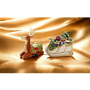 Fine Ceramic Reindeer with Sled Sleigh with Christmas Tree and Gifts Salt and Pepper Shakers Set 4" H