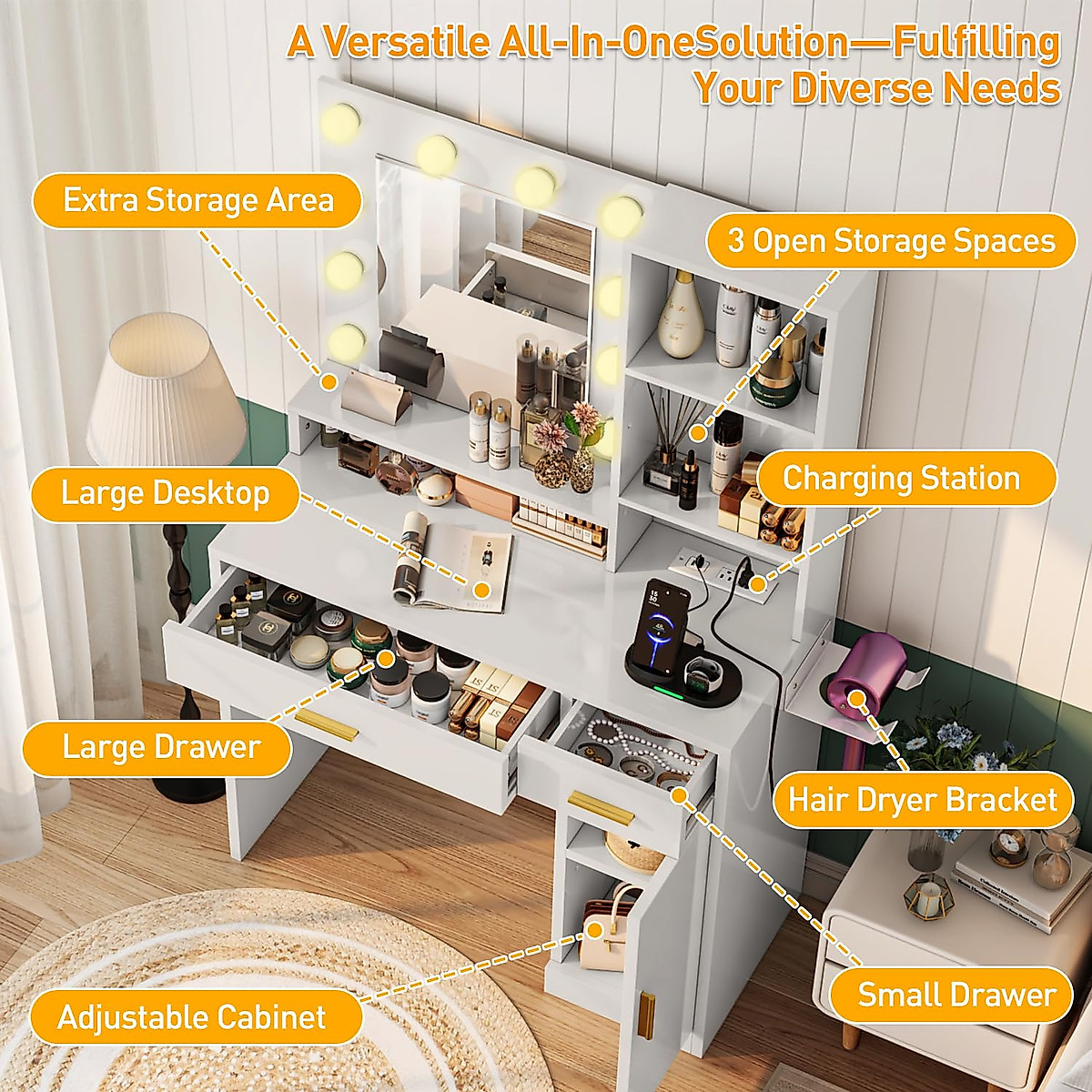 knoworld Makeup Vanity Desk with Mirror & Lights and Outlet, Make up Table with 3 Shelves, 2 Drawers & 1 Cabinet, 3 Lighting Modes & Adjustable Brightness Dressing Table for Bedroom, White