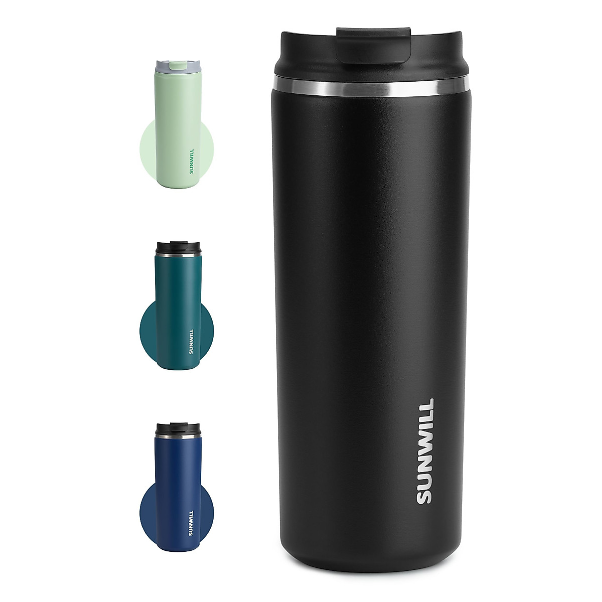 SUNWILL Coffee Tumbler Cups, Insulated Coffee Mug with Lid, 16 oz Stainless Steel Travel Coffee Cup, Powder Coated Black