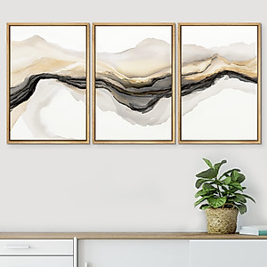 SIGNWIN Framed Canvas Print Wall Art Set Gold Gray Smoke Wave Landscape Abstract Shapes Illustrations Modern Art Decorative Contemporary Colorful for Living Room, Bedroom, Office - 16"x24"x3 Natural