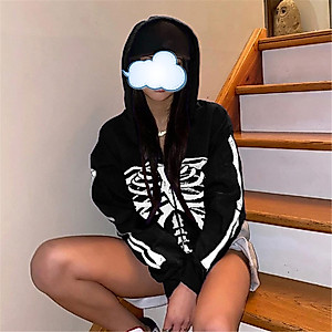 Sunloudy Women Skeleton Print Oversized Hoodie Y2K Zip Up Sweatshirt Gothic E-girl Harajuku Jackets Coat Streetwear (7-Black, S)