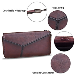 LRTO Genuine Leather Wallets for Women Zip Around Wallet Purse RFID-Blocking Retro Handmade Clutch Money Clip Card Organizer (Coffee)