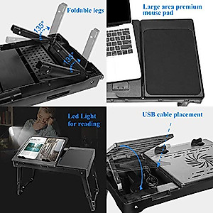 TeqHome Laptop Desk for Bed, Adjustable Laptop Bed Table with Fan, Portable Lap Desk with Foldable Legs, Laptop Stand for Couch Sofa Bed Tray with LED Light, 4 USB Ports, Storage, Mouse Pad