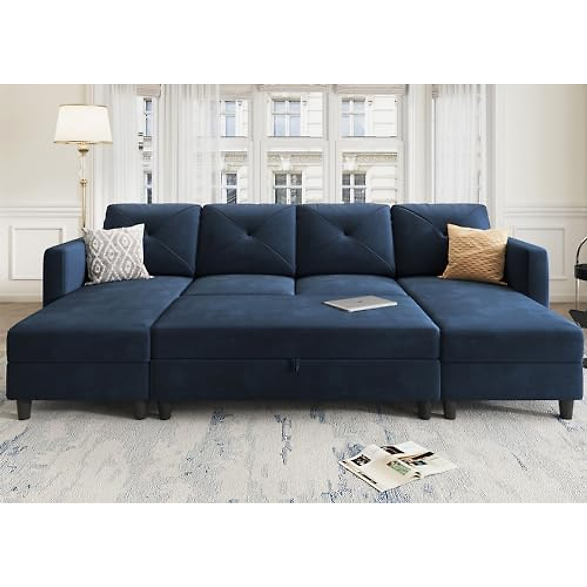 HONBAY Sleeper Sectional Sofa Set Velvet U Shaped Couch with Storage Ottoman 4-Seat Sectional Sofa Set for Living Room, Dark Blue