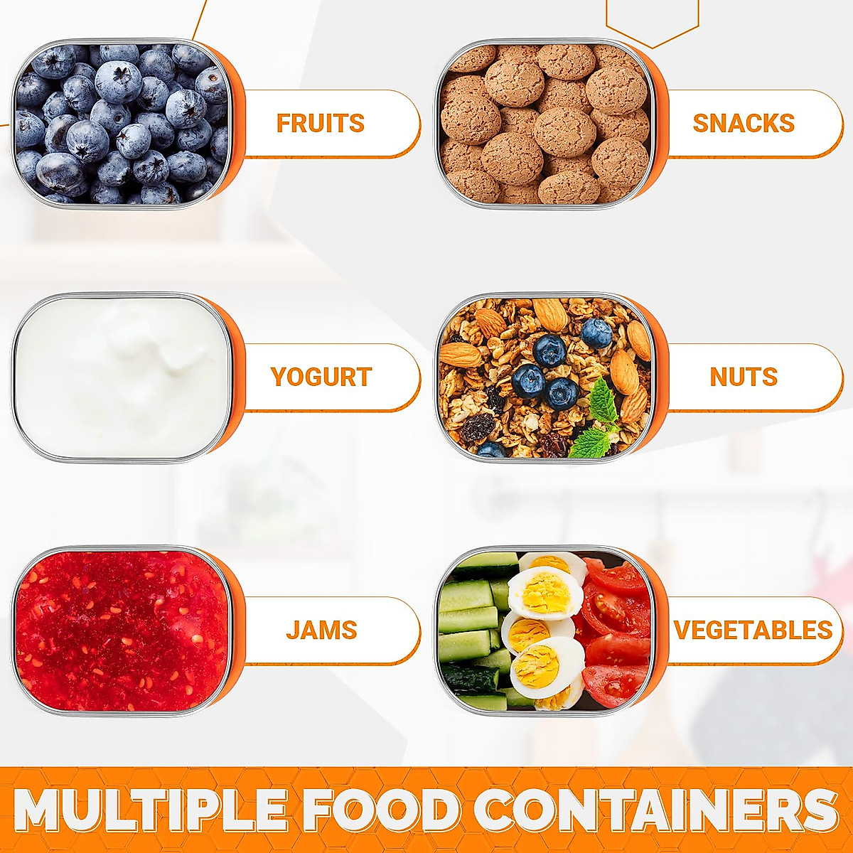 Hsei 6 Pcs Stainless Steel Snack Containers, 8oz Food Containers with Silicone Lids Portable Reusable Metal Lunch Box for Daycare and Storage(Orange)